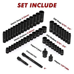 CASOMAN 3/8" Drive Impact Socket Set, 48 Piece Standard SAE and Metric Sizes (5/16-Inch to 3/4-Inch and 8-22 mm), 6 Point, Cr-V Steel Socket Set & 1/2" Drive Master Impact Socket Set, 36 Piece Deep, S
