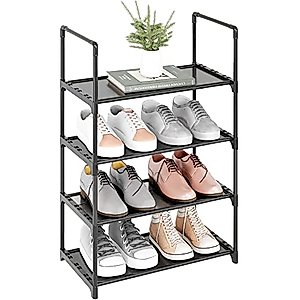 Yegazte Upgrade Stackable Small Shoe Rack, 4-Tier Nonwoven Shoe Storage Organizer with Handle for Entryway, Hallway and Closet （Black）