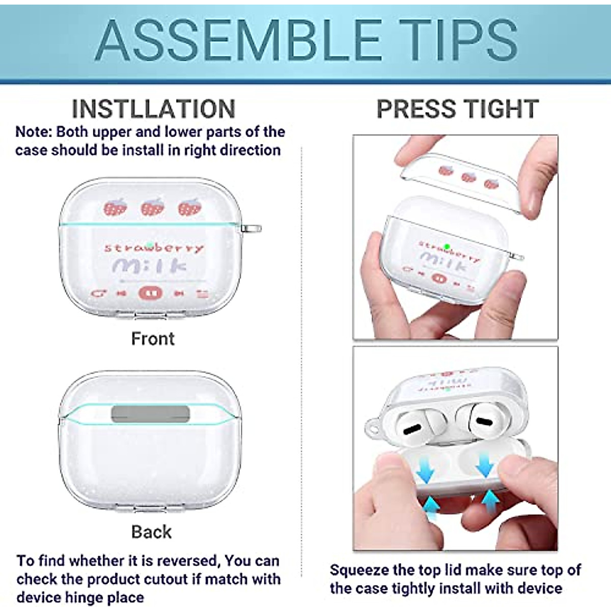 Compatible AirPods Pro 2019 / AirPods Pro 2nd 2022 Case Cover, Clear AirPod Pro Case for Women Girls Cute Hard Protective Cover with Keychain Design for Apple AirPod Pro Charging Case (Strawberry)