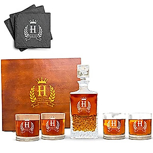 Decanter Set For Men Personalized, Engraved Decanter Set With Glasses, Engraved Decanter Set, Personalized Decanter Set And Glasses With Beautiful Engraved Gray Coasters