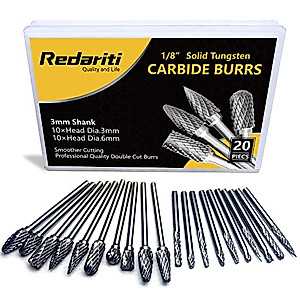 Redariti Carbide Rotary Burrs Set 1/8" Shank (3mm) 20PC, Double Cut Compatible with Dremel Accessories for Woodworking，Suitable for Fine Objects, Making Engraving Work More Excellent and Simple.