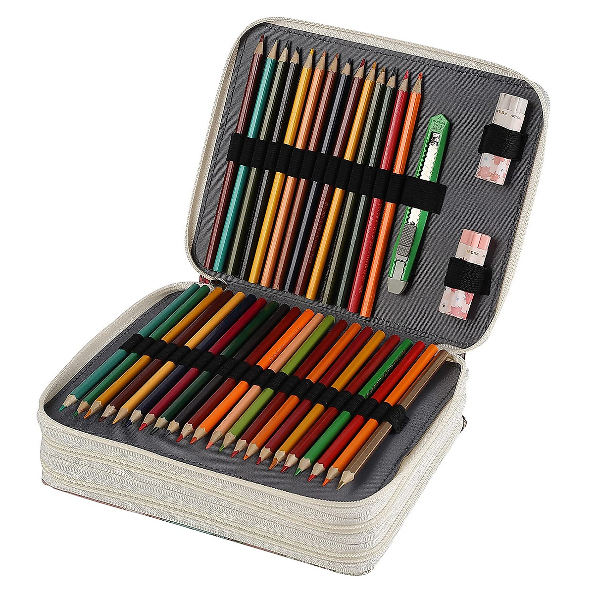 Shulaner 120 Slots Colored Pencil Case with Zipper Closure Large Capacity Butterflies and Bicycles Pattern Pencils Bag 840D Nylon Waterproof Fabric Pen Organizer Storage Holder for Artist