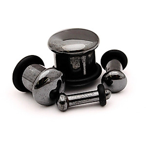 Mystic Metals Body Jewelry Pair of Single Flare Hematite Stone Plugs - Sold As a Pair (6g (4mm))