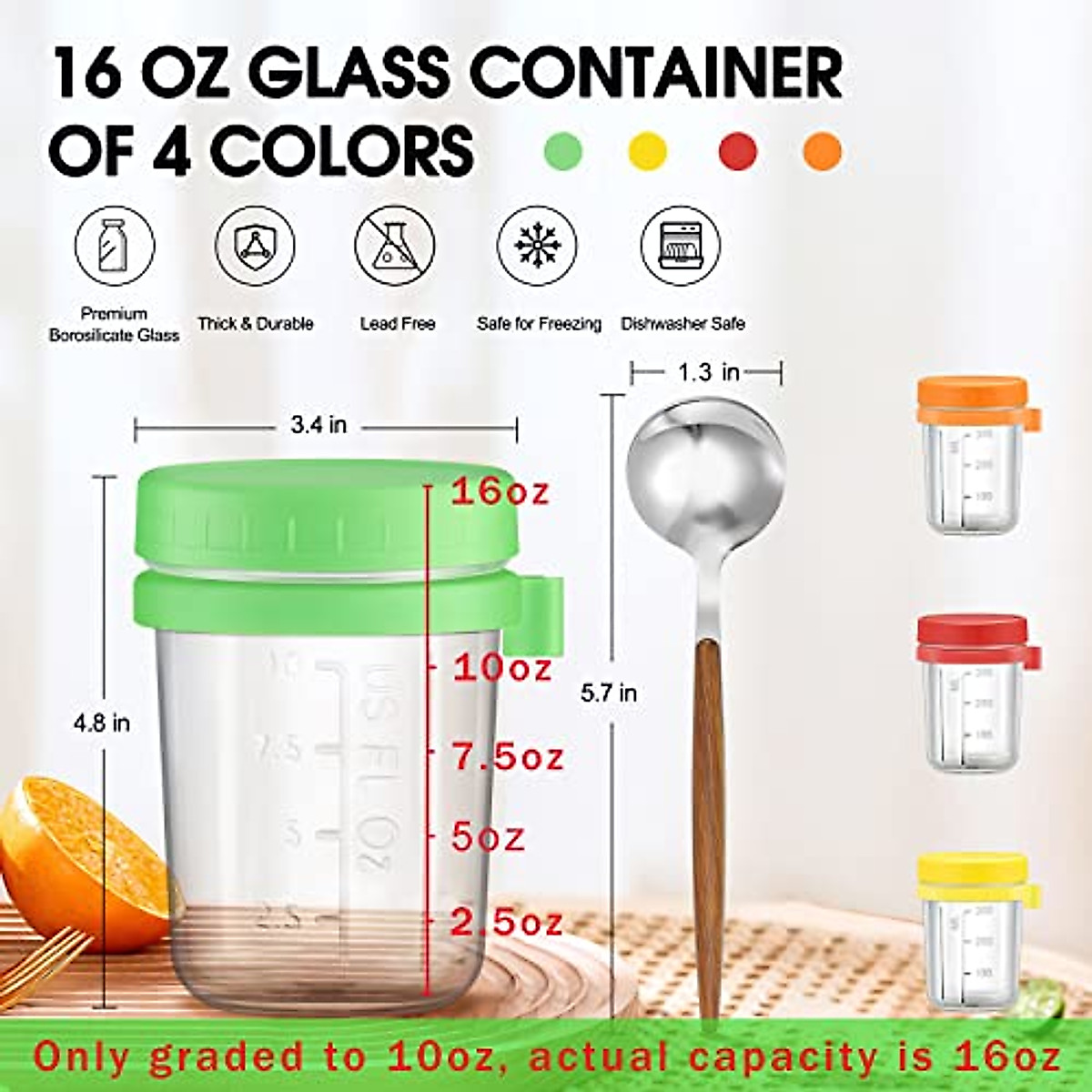 Tekuve 4 Pack Glass Overnight Oats Containers with Lids and Spoon, 16 oz Mason Jars with Airtight Lid for Overnight Oats Meal Prep Chia Yogurt Salad Fruit