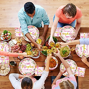 Kepeel 96Pcs Fall Little Pumpkin Baby Shower Plates and Napkins, Autumn A Little Pumpkin is on The Way Party Supplies Decorations Thanksgiving Girl Pink Floral Baby Shower Tableware Kit, Serves 24