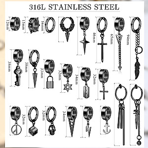Thunaraz 25 Pcs Clip on Earrings for Men Stainless Steel Cross Chain Dangle Earrings Black Fake Earrings for Men Women Non Pierced Huggie Hoop Earrings Set