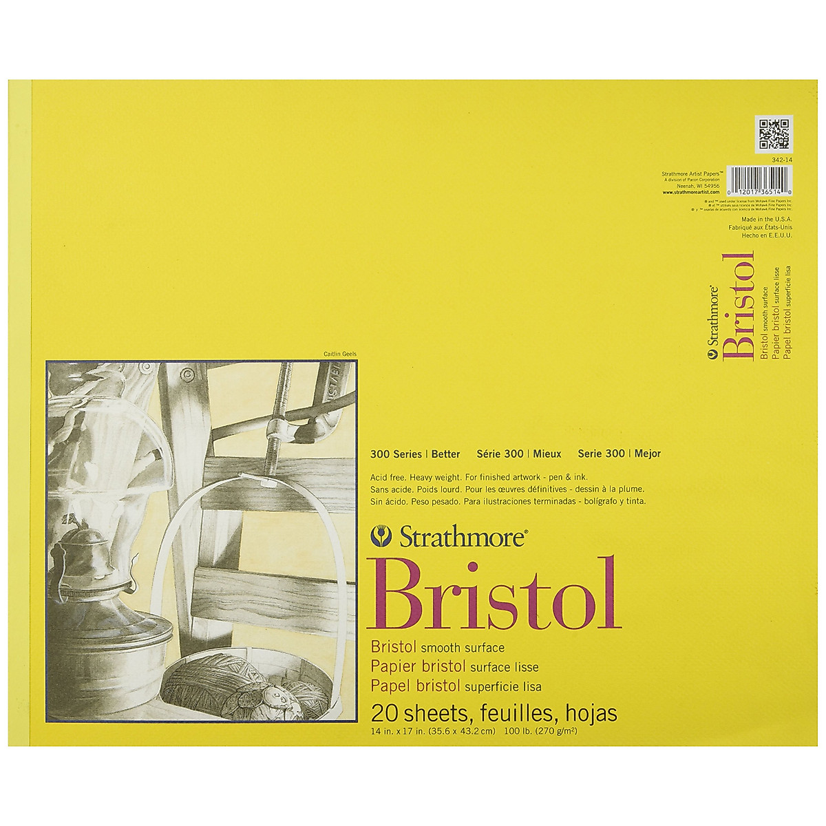 Strathmore 300 Series Bristol Paper Pad, Smooth, Tape Bound, 14x17 inches, 20 Sheets (100lb/270g) - Artist Paper for Adults and Students - Markers, Pen and Ink