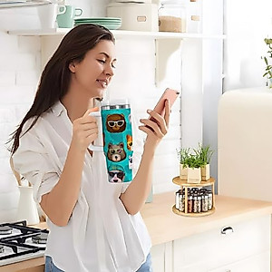 RPLIFE Cute Animals Heads Blue Stainless Steel Tumbler, Insulated Coffee Mug with Lid, Tumblers for Women