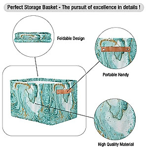 Turquoise Marble Texture Storage Baskets Bin, Teal Marble Collapsible Canvas Fabric Storage Bin Decorative Baskets Toy Organizer Rectangle Storage Boxes with Handles for Home Shelves Nursery,1Pack