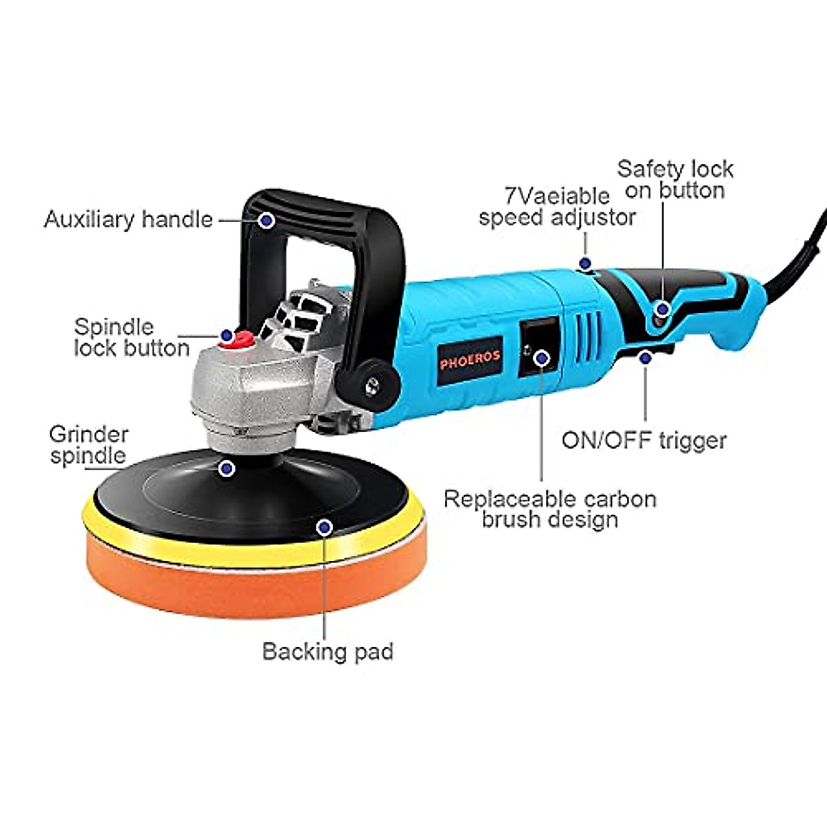 PHOEROS Buffer Polisher，7 inch Car Buffer Polisher kit with 7 Variable Speed, 4 Pads, Tool Bag for Car Polishing Sanding and Waxing Sealing Glaze