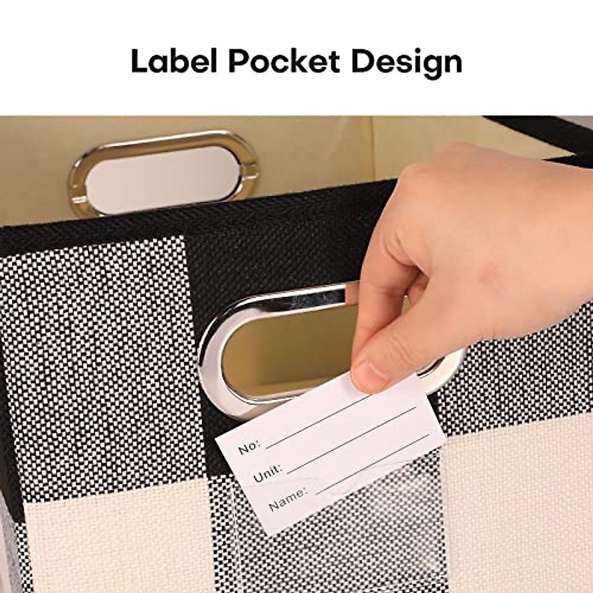 ANMINY 2PCS Storage Bins Set Cotton Linen Fabric Open Storage Basket Box Foldable Washable Rectangular Cube Organizer with Handles Label Window Pocket Thick PP Plastic Board - Medium, Black Plaid