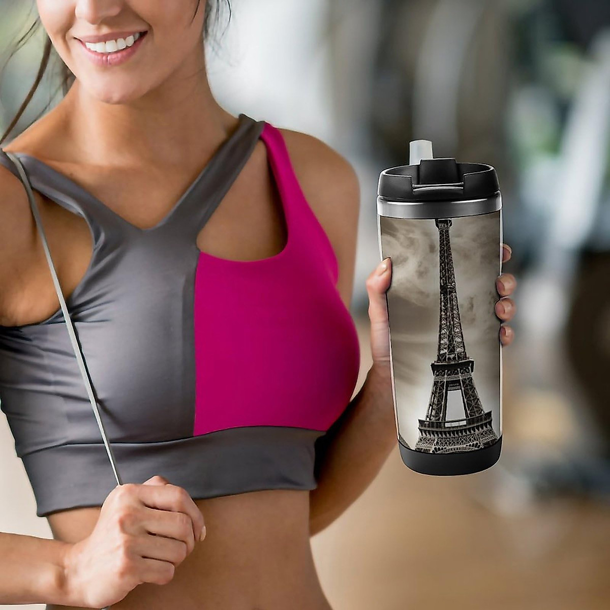 DWVSFJM Paris Eiffel Tower Insulated Tumbler Stainless Steel Double Wall Vacuum Travel Mug Insulated Metal Mug Large Capacity Car Cup Reusable Coffee Cup with Lid Gifts