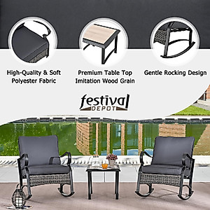 Festival Depot PE Wicker Rocking Chair Set, Patio Bistro Set, 3 Pieces Outdoor Furniture, Conversation Sofa Set of 2 Armchairs & Coffee Table with Removable Cushion All Weather Casual Craft Cozy Small