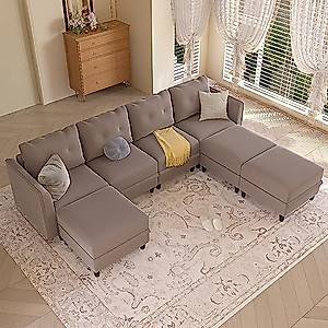 LLappuil Velvet Modular Sectional Sofa with Reversible Chaises, 7 Seater U Shape Sectional with Storage, Waterproof, Anti-Scratch and Antistatic Modular Couch for Living Room, Brown