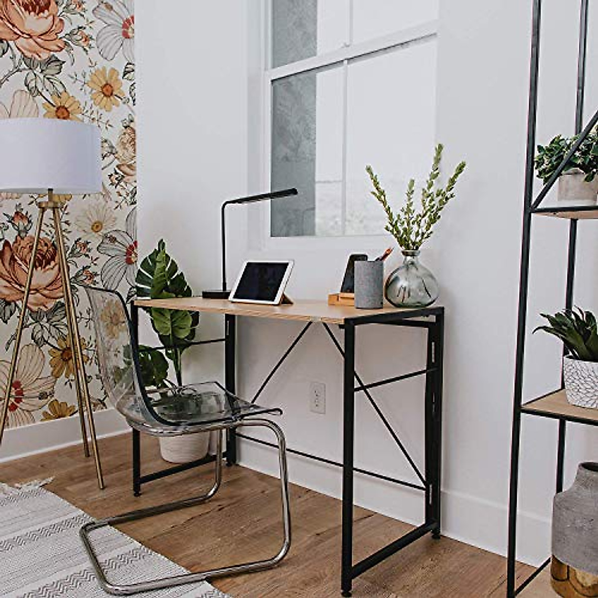 SOFSYS Modern Folding Computer Writing Desk for Small Space, Gaming, and Home Office Organization, Foldable Industrial Metal Frame with Sturdy Desktop for Students or Small Business, Oak/Black