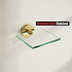 JQK Small Floating Glass Shelves Gold, 4 Inch Display Ledges for Wall, Mini Decor, Living Room Bedroom Bathroom, Tempered Glass Shower Storage, 2 Pack, TGS101L4-BG-P2