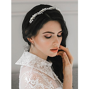 SWEETV Rhinestone Bridal Headband Silver Crystal Tiara for Women Pearl Wedding Headpieces for Bride Hair Accessories for Prom Birthday Party