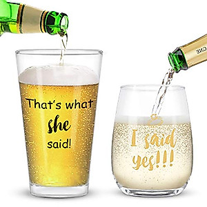 I Said Yes That’s What She Said Stemless Wine Glass and Beer Glass Combo, Good Engagement Gifts Unique Gifts for Couples Him Her Newlyweds Valentine’s Day Bridal Shower Wedding Gift, Set of 2