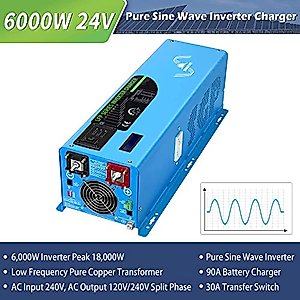 SUNGOLDPOWER 6000W Inverter Charger, 24 Vdc and 240 Vac Input, 120V/240V AC Output Split Phase,Low Frequency,Peak 18000w,Pure Sine Wave Inverter with LCD Remote Panel(Updated Version)