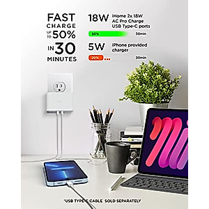 iHome Multiport USB-C Charger : AC Pro 2-Port Flat USB C Charger Block, Double USB C Wall Charger, Fast Charging Compatible USB-C Wall Charger (White)