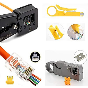 RJ45 Crimp Tool Kit Pass through Ethernet Crimper kit for Cat5 Cat5e Cat6,RJ45 Crimping Tool with 50PCS Connectors, 50PCS Covers,1 Wire Punch Down Cutter and 1 Network Cable Test(9V Battery Included)