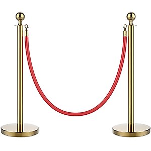 Yaheetech 2pcs Stainless Steel Stanchion Posts - 6.6FT Extended Red Velvet Rope Retractable Barriers Ropes Safety Barriers Set with Stable Base for Party Supplies Theater Hotels Clubs Museums, Gold