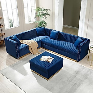 EMKK Modular Sectional Couch L Shaped Sofa with Ottoman,4 Pillows,Vertical Channel Tufted Velvet Sofá w/Wide Chaises,Upholstered Corner Sofa&Couch for Living Room Apartment, E-Blue