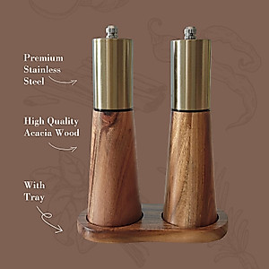 Gold Salt and Pepper Grinder Set,Salt and Pepper Grinder Set Wood,Gold Salt and Pepper Shakers, Modern Salt and Pepper Shakers, Pepper Mill with Ceramic Core,Pepper Grinder For Kitchen,Wood Tray