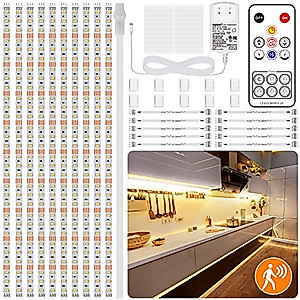 LAFULIT 10 PCS Under Cabinet Lights Kit, Motion Sensor LED Strip Lights with Remote, Dimmable and Timer Warm White Counter Lights for Kitchen Cabinets, Cupboards, Closets, Stairs, Shelf, Desk, and Bed