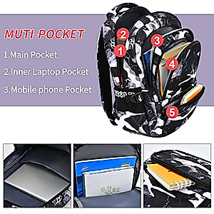 Yvechus Camo Backpack for Kids, Lightweight Camo Backpack Elementary Middle School Backpack Water Repellent Bookbag (Camo Black)