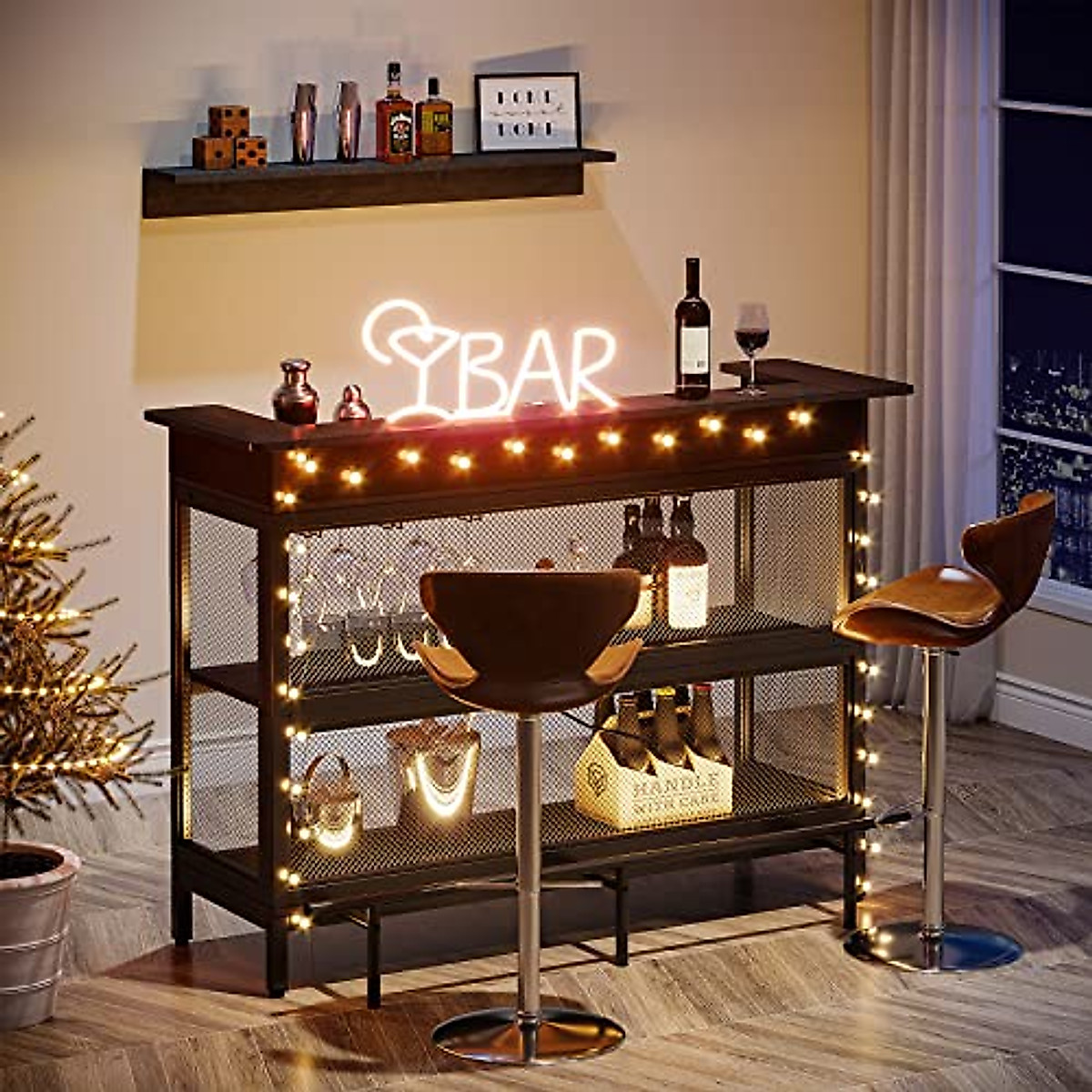Tribesigns Industrial Home Bar Unit, 3 Tier Liquor Bar Table with Stemware Rack and Wine Storage Display Shelf, Mini Bar Cabinet with Glass Holder Footrest and Mesh Front