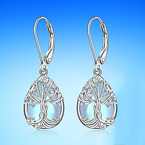 Tree of Life Earrings Moonstone Earrings for Women Sterling Silver 925 Teardrop Moonstone Family Tree Leverback Dangle Jewelry Christmas Valentines Gifts