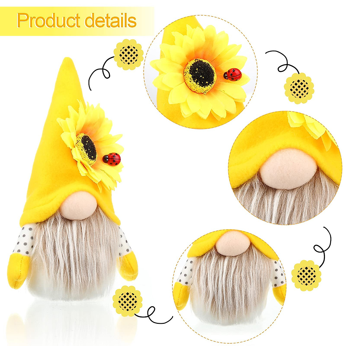 3 Pieces Sunflower Summer Gnomes Sunflower Garden Plush Doll Honey Bee Fall Decorations Scandinavian Tomte Swedish Sunflower Elf for Farmhouse Kitchen Decor, Rustic Buffalo Plaid Ladybug