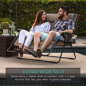 Best Choice Products 2-Person Double Wide Adjustable Folding Steel Mesh Zero Gravity Lounge Recliner Chair for Patio, Lawn, Balcony, Backyard, Beach, Outdoor Sports w/Cup Holders - Beige