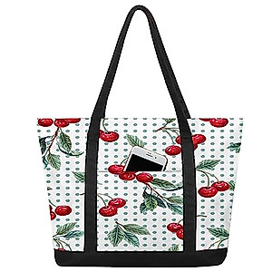 bisibuy Cherry Berries Tote Bag Tote Bag for Women Reusable Grocery Shopping Cloth Bags with Zipper Large Capacity Foldable Handbag Gym Bag for Gift Activity