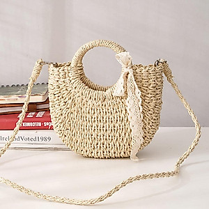 Handwoven Rattan Bag for Women Cross Body Bohemian Straw Shoulder Purse Beach Carrying Handbag (Black)