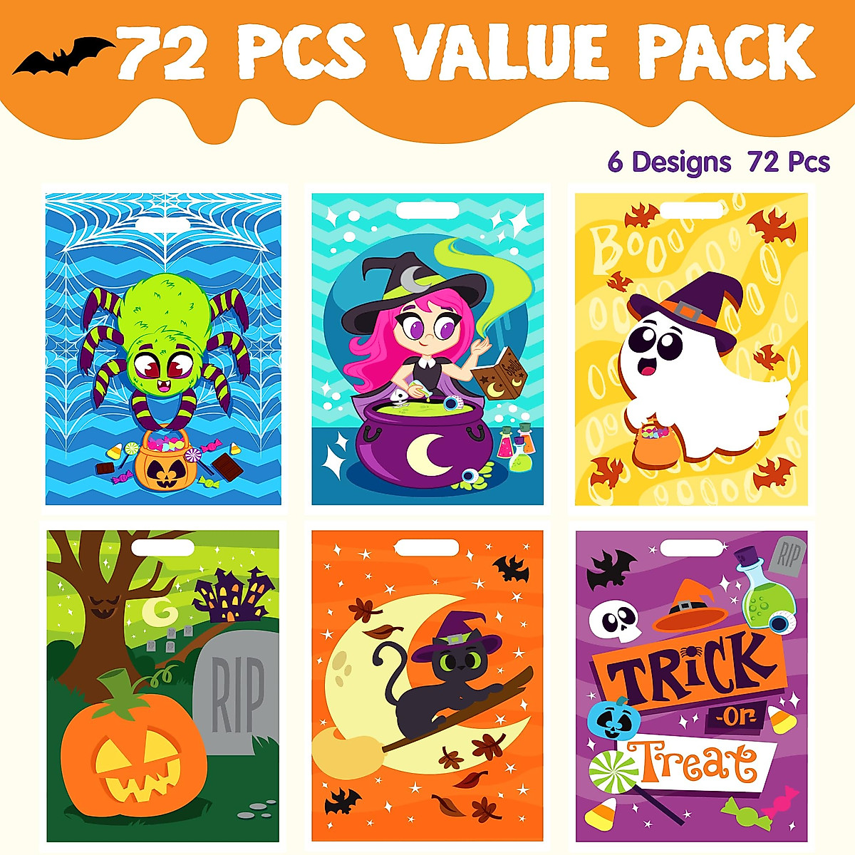 JOYIN 72 Pcs Halloween Goodie Bags, Halloween Candy Bags in 6 Designs for Kids Snacks Party Favors, Trick or Treating Bag for Halloween Party Supplies, Snacks Stuffers Prizes
