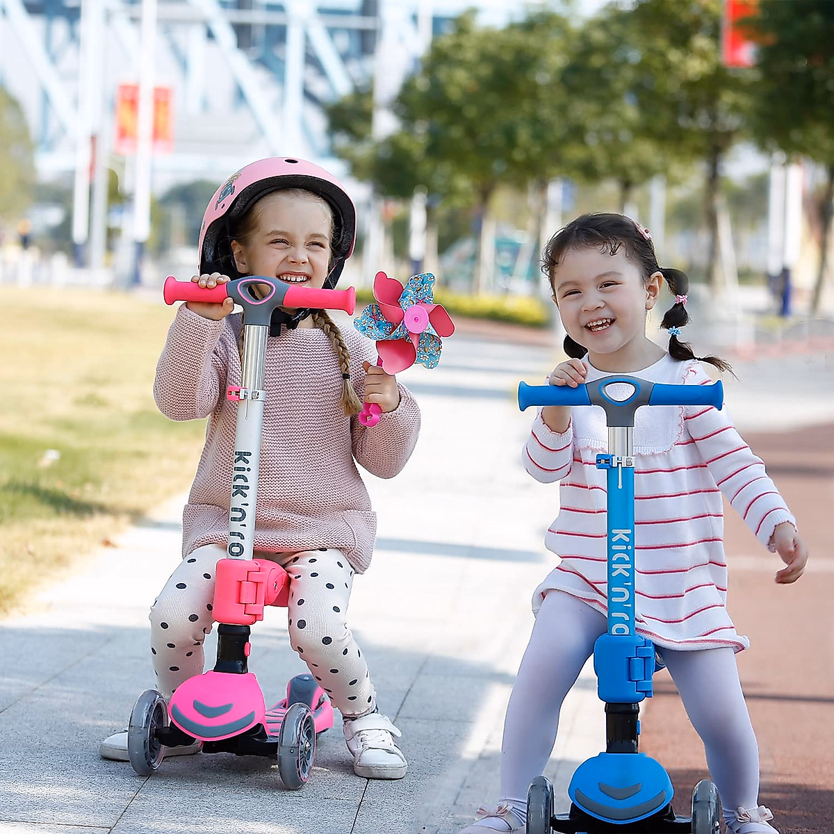 Kicknroll 3 Wheel Scooter for Kids Ages 3-5, Extra-Wide Deck Lean to Steer Foldable Toddler Scooter with Seat, 3 LED Light Wheels & 4 Adjustable Height, 110 Lbs Capacity- Pink 2 in 1 Kids Scooter
