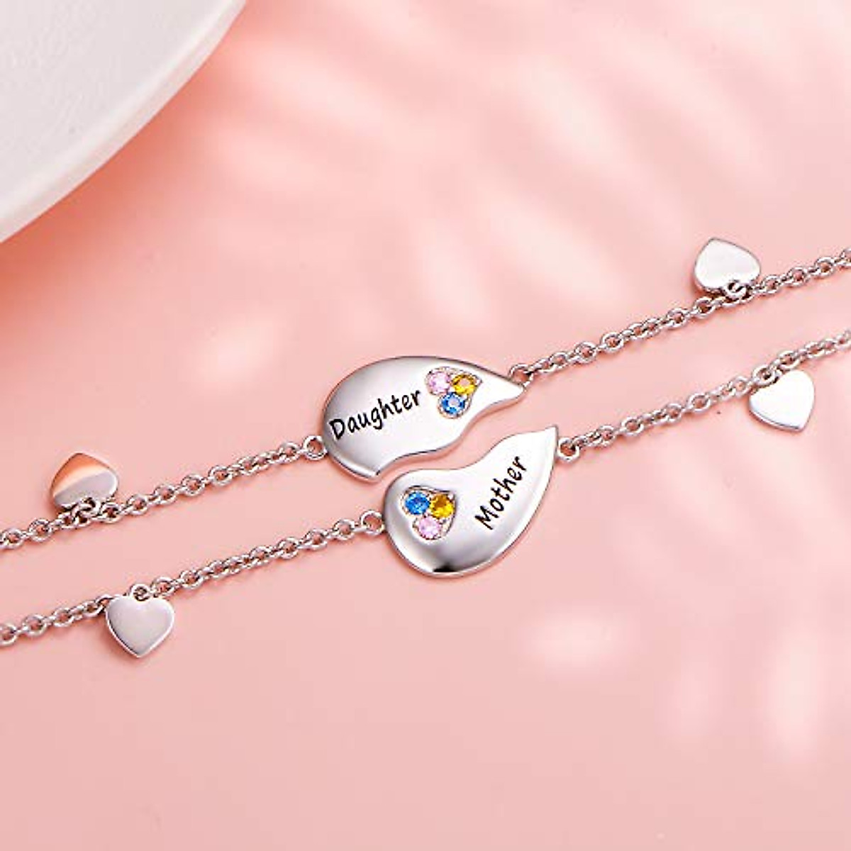 FLYOW Mother Daughter Bracelets Set for 2 Sterling Silver Mother Child Bracelets Heart Jewelry Birthday Mother's Day Bracelet for Women Grandma Mother Daughter