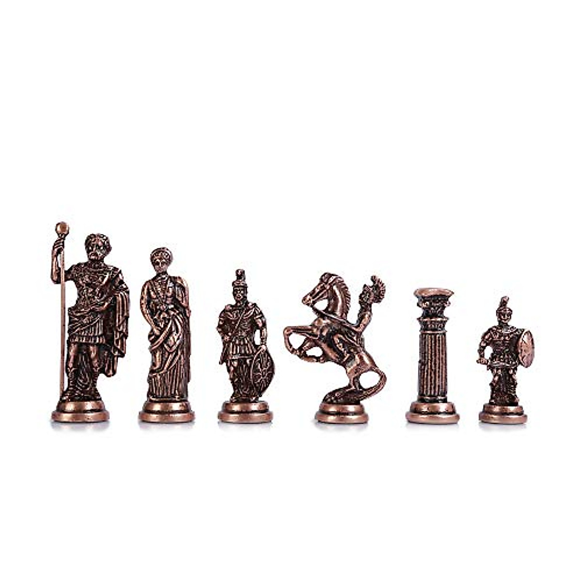 Historical Antique Copper Rome Figures Metal Chess Set for Adults, Handmade Pieces and Marble Design Wood Chess Board King 4 inc