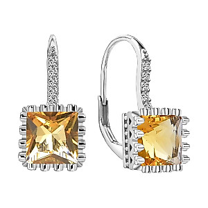 925 Sterling Silver 0.27Inch Princess Cut Citrine Leverback Earrings for Women