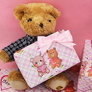 Bear Love Heart Celebrations Birthday Wrapping Paper for Baby Girls, 20 x 29 inch Per Sheet Folded Flat with 1 Roll Pink Ribbon for Infant Kids Baby Shower Wedding Holiday Party Girls Gift Wrap