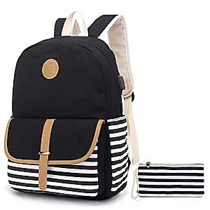 EZYCOK School Backpacks for Teen Girls Women, Lightweight Cute Bookbag Canvas Laptop Backpack with USB Charger Port, Travel Backpack for Girls