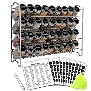 SWOMMOLY Spice Rack Organizer with 36 Empty Square Spice Jars, 396 Spice Labels with Chalk Marker and Funnel Complete Set, for Countertop, Cabinet or Wall Mount,Silver
