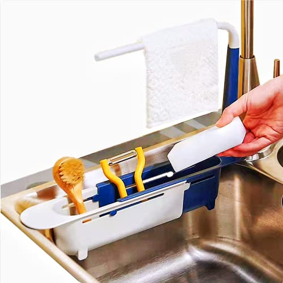 Upgraded Telescopic Sink Storage Rack, Adjustable Length 2-in-1 Sink Organizer Tray Sponge Soap Holder with Dishcloth Hanger, Expandable Storage Drain Basket for Home Kitchen (Blue)