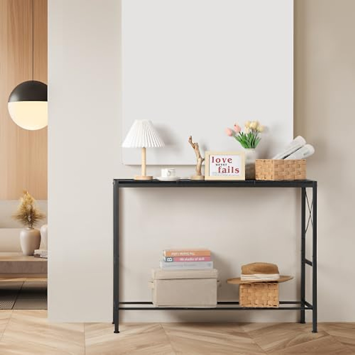 Narrow Console Table 41" Behind Couch Table Skinny Small Entryway Table, Black Wood Console Table with Metal Frame, Industrial Hallway Table for Entryway, Living Room, Foyer, Wood Sofa Table