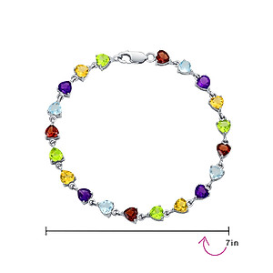 Romantic Natural Multicolor Citrine, Peridot, Garnet, Aquamarine, & Amethyst Heart Shape Gemstone Tennis Bracelet For Women .925 Sterling Silver 7 Inch