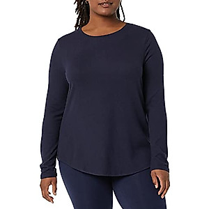Daily Ritual Women's Cozy Knit Standard-Fit Long-Sleeve Shirttail Hem Crewneck Shirt, Navy, Medium