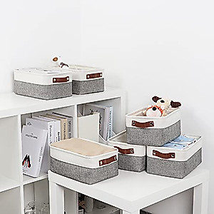 DULLEMELO Small Storage Baskets 6 Pack, Fabric Collapsible Gift Storage Baskets for Shelves, Closets, Nursery, Home, Office Organizing,Small Canvas Linen Rectangular Storage Bins (6-Pack, White&Grey)