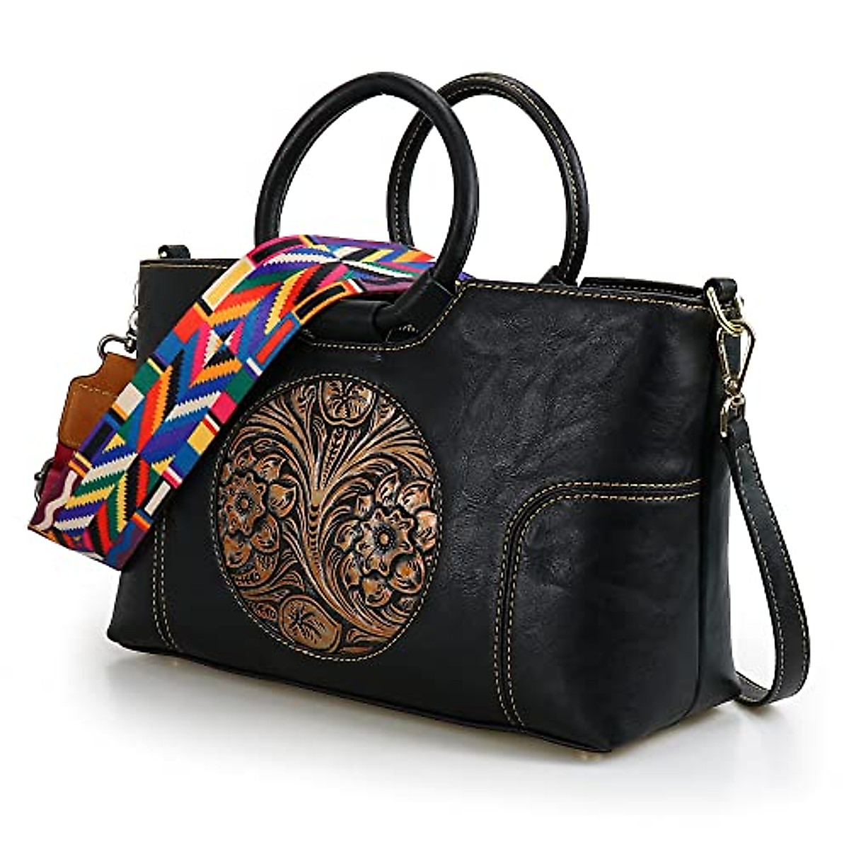 Purse And Handbags for Women Shoulder Bags Top Handle Medium Satchel Vintage Embossing Crossbody Bag (black)